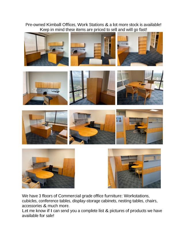 Preowned Kimball Offices and Work Stations Liquidation sale