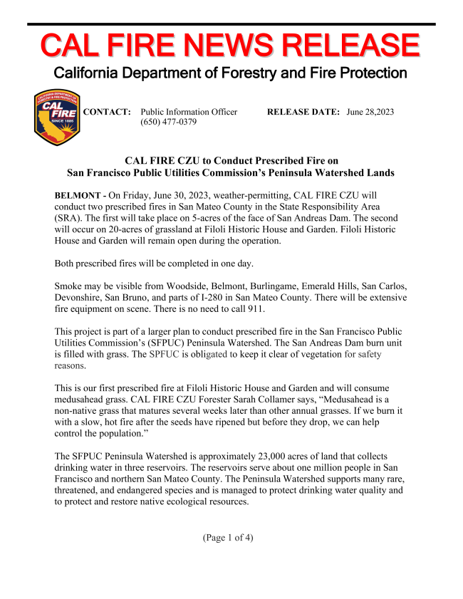 CAL FIRE CZU to Conduct Prescribed Fire on SFPUC Watershed Lands