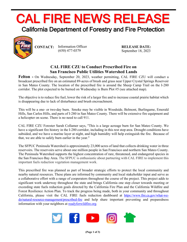 CAL FIRE CZU to Conduct Prescribed Fire on San Francisco Public ...