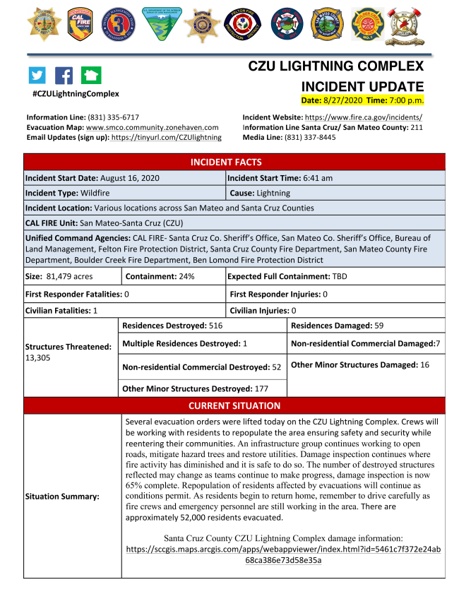 CZU Lightning Complex update 8 27 7pm