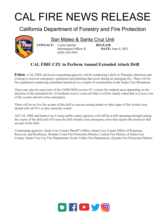 CAL FIRE CZU to Perform Annual Extended Attack Drill