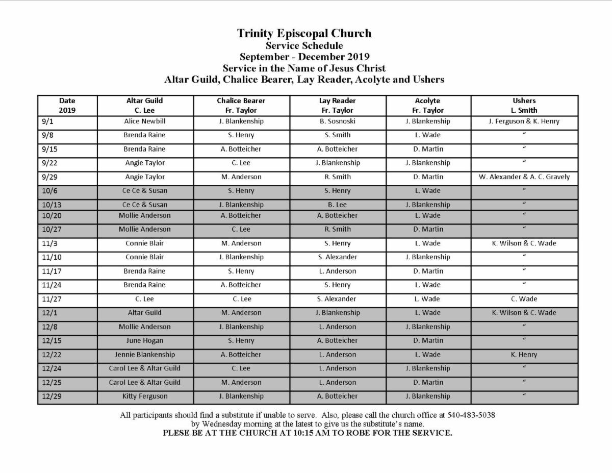 Trinity Episcopal Church : Calendar and Announcements