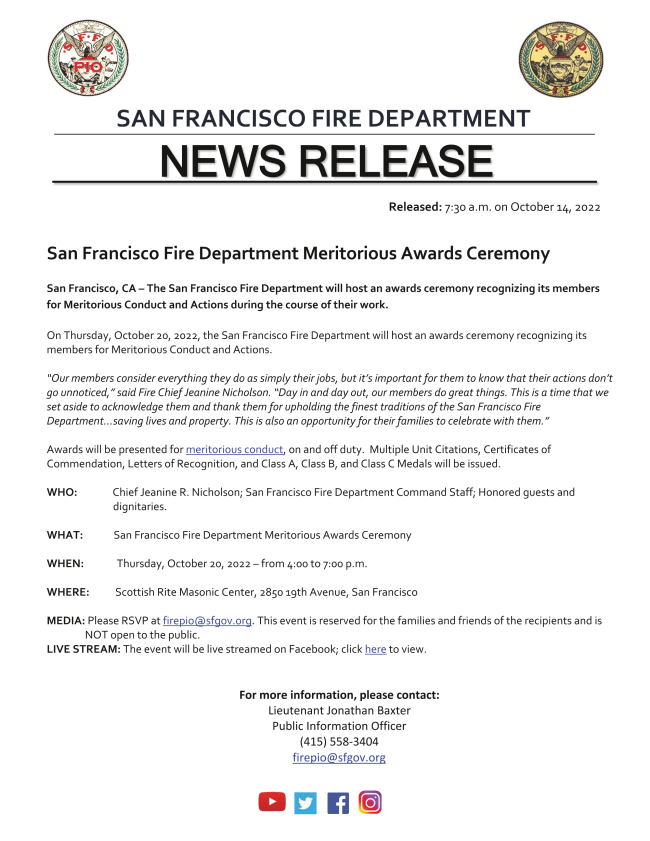 SAN FRANCISCO FIRE MEDIA RELEASE ELEASE