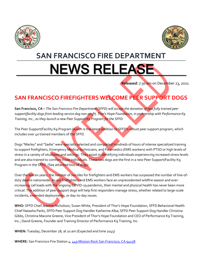 SFFD EVENT CANCELLATION NOTICE