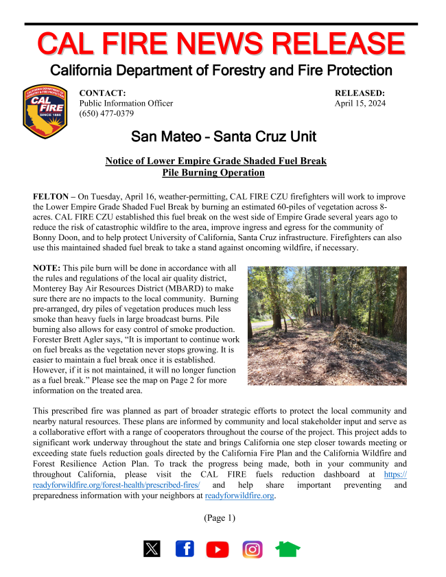 Notice of Lower Empire Grade Shaded Fuel Break Pile Burning Operation