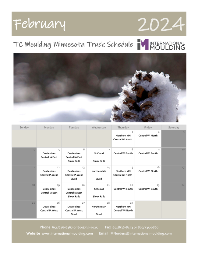 TC Moulding/International Moulding ~ Truck Schedule 2024 February