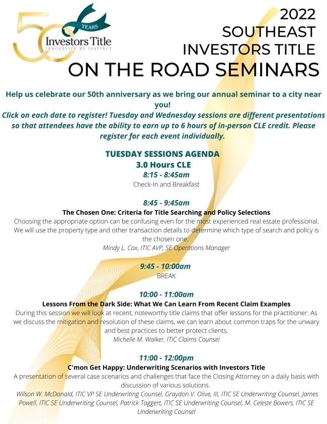 2022 SE Investors Title On The Road Seminars - November 8, 2022 ...