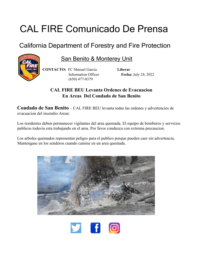 CAL FIRE BEU Levanta Ordenes de Evacuacion En Areas Del Condado de San ...