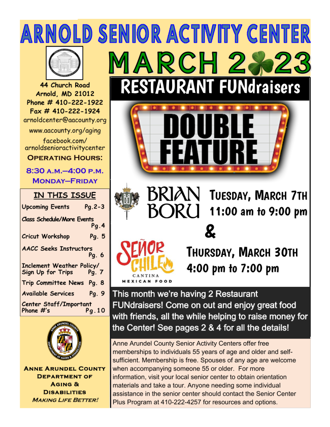 Arnold Senior Activity Center MARCH 2023 Newsletter