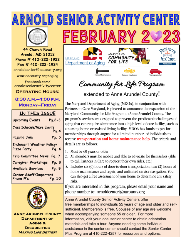 Arnold Senior Activity Center February 2023 Newsletter