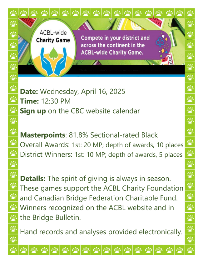 ACBL-wide Charity Game April 16