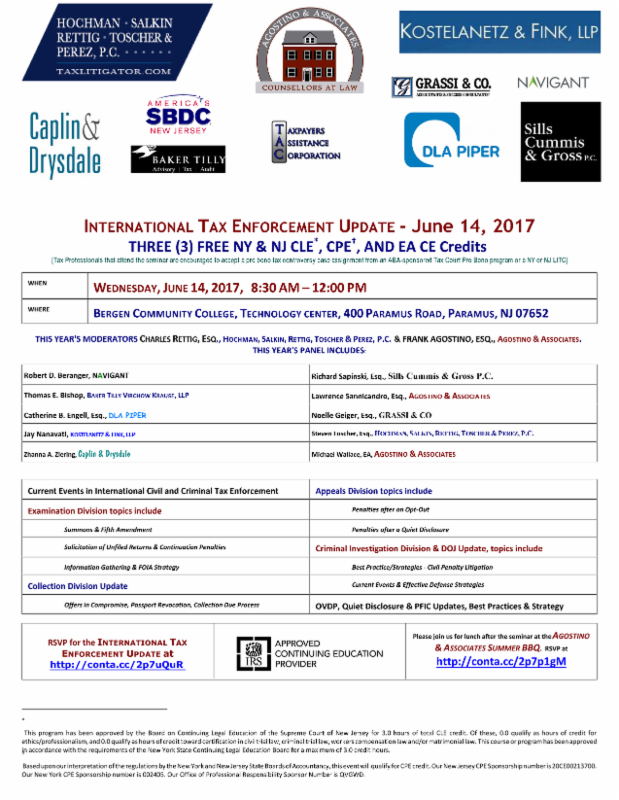 INTERNATIONAL TAX ENFORCEMENT UPDATE - June 14, 2017